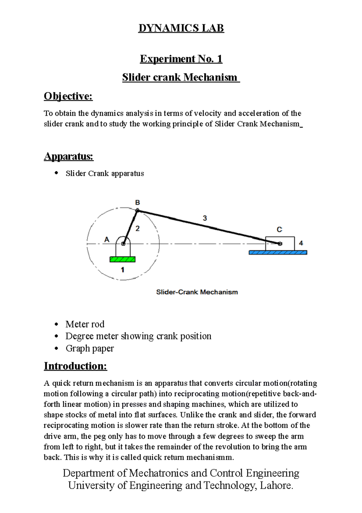 Dynamics Lab Experiment 1: Slider Crank Mechanism Analysis - Studocu