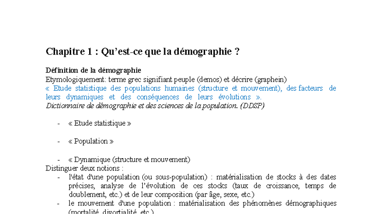 Démographie Chapitre 1 : Définition et Concepts Clés - Studocu