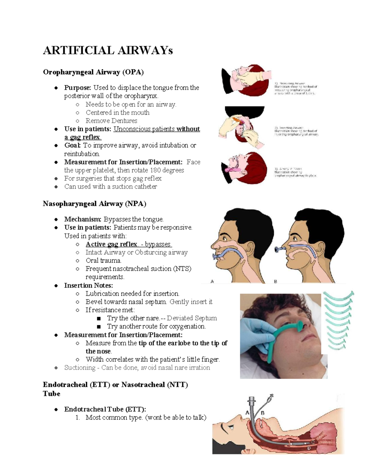 Artificial Airways: Oropharyngeal and Nasopharyngeal Techniques - Studocu