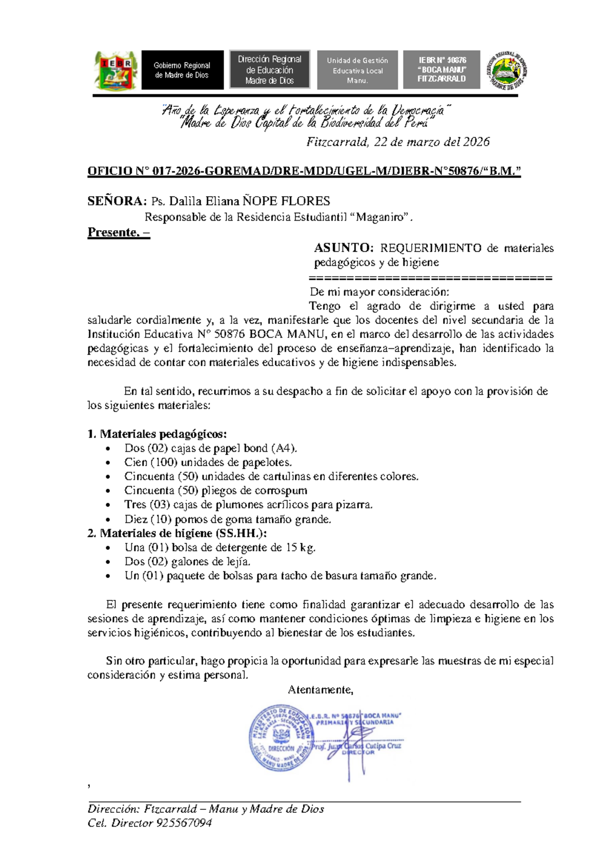 Oficio de Solicitud de Materiales Educativos y de Higiene - IEBR 50876 ...