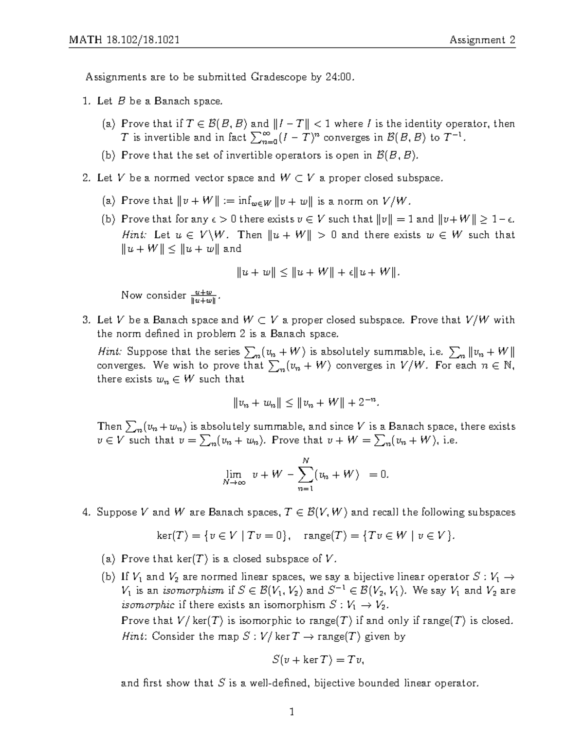 MATH 18.102s21 Assignment 2: Banach Space Properties and Proofs - Studocu
