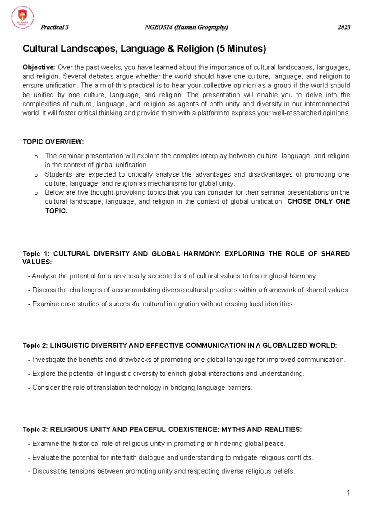 NGEO524 Practical 3: Cultural Landscapes & Global Unification Insights ...