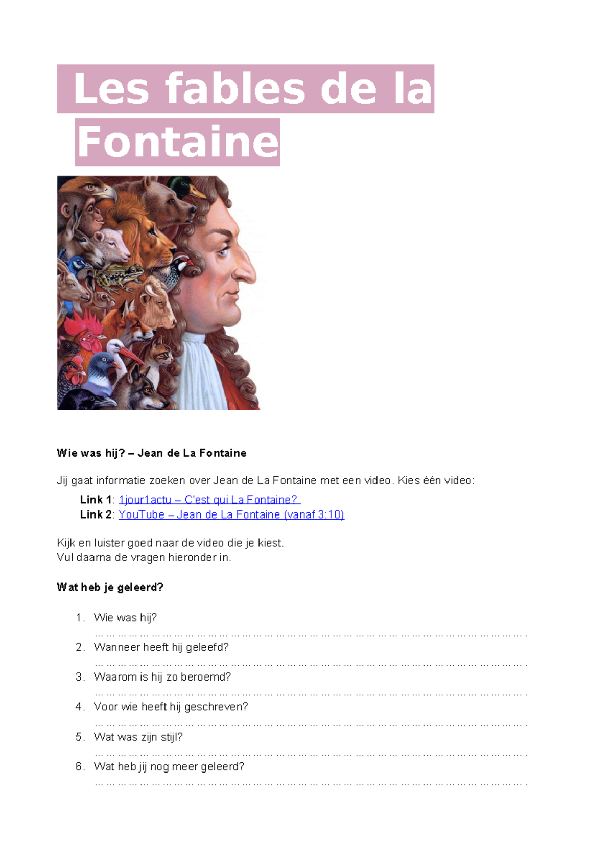 Cours 4 - Literatuuropdracht: Les fables de La Fontaine - Studeersnel