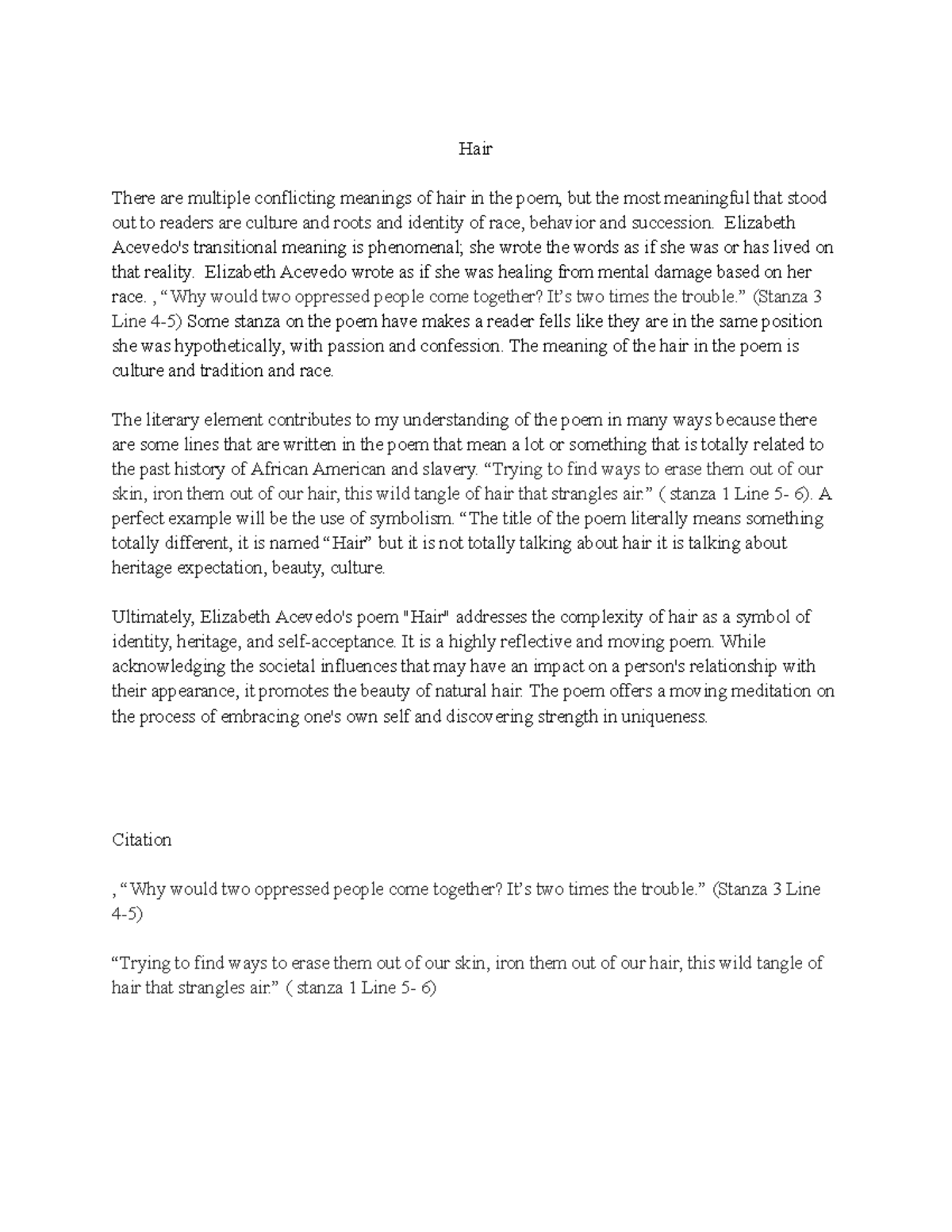 ELT 101: Analysis of Identity in Elizabeth Acevedo's Poem "Hair" - Studocu