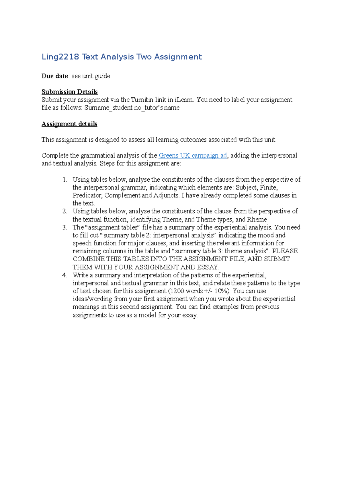 Ling2218 Text Analysis Two Assignment: Grammatical Analysis of Greens ...