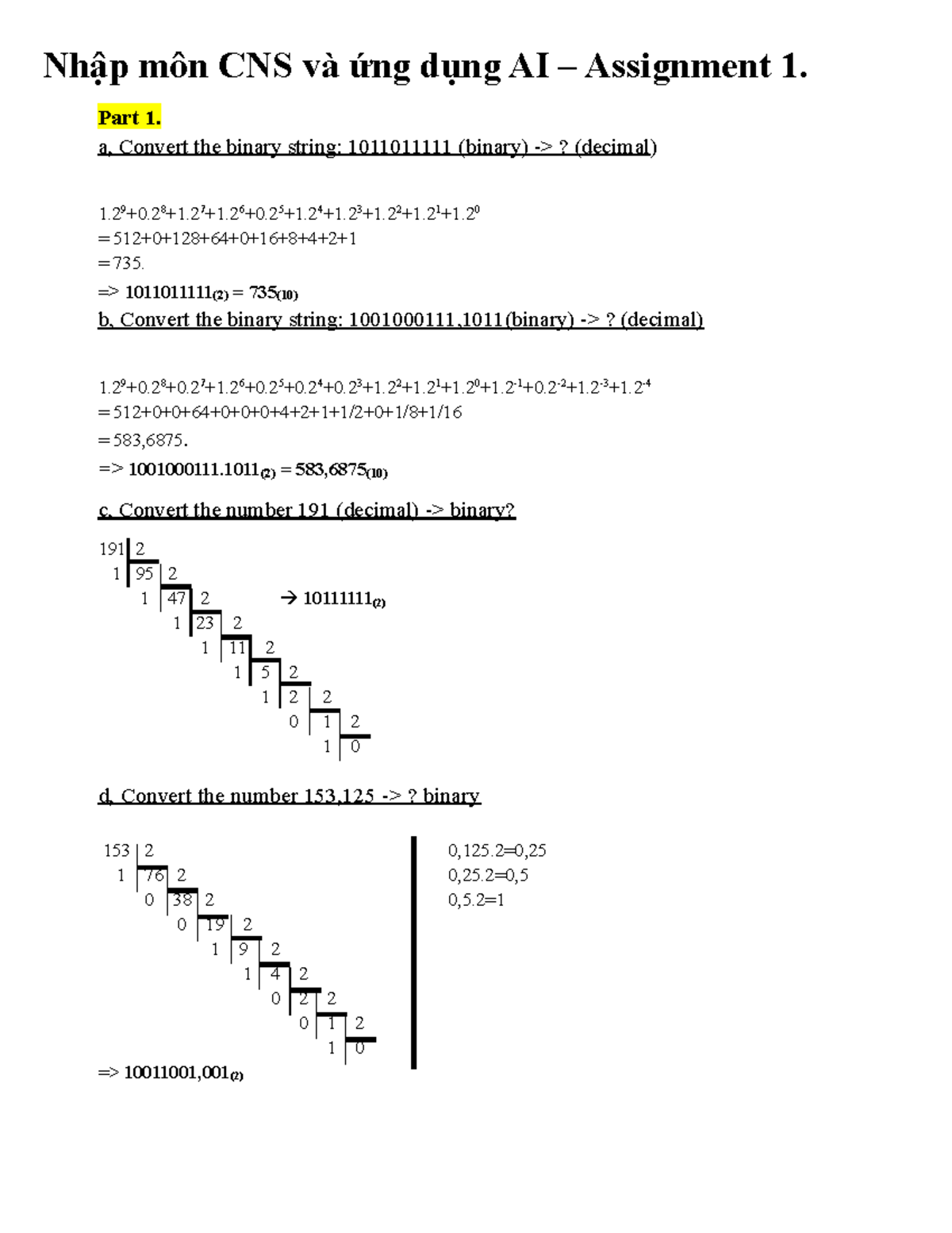 Nhập môn CNS và ứng dụng AI Assignment 1: Binary Conversions - Studocu