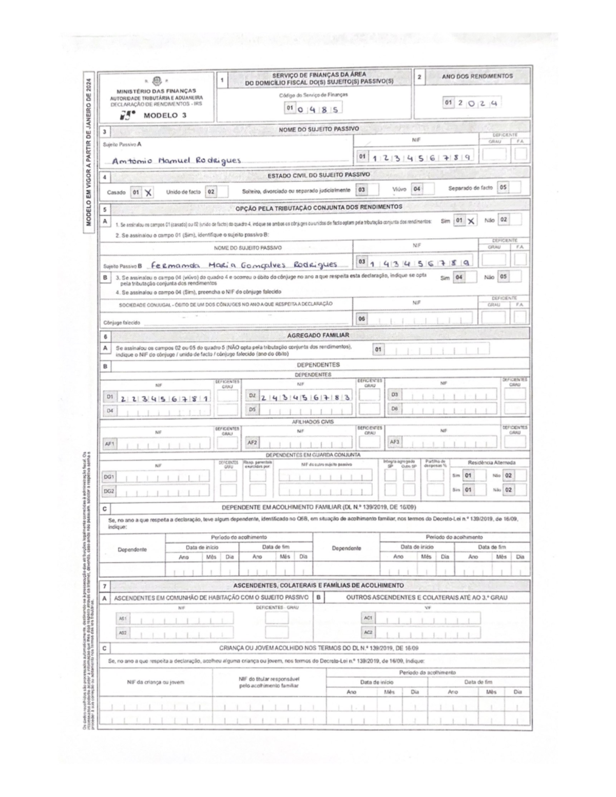 Modelo 3 IRS - SERVIÇO DE FINANÇAS DA ÁREA 1 2 ANO DOS RENDIMENTOS 2024 ...