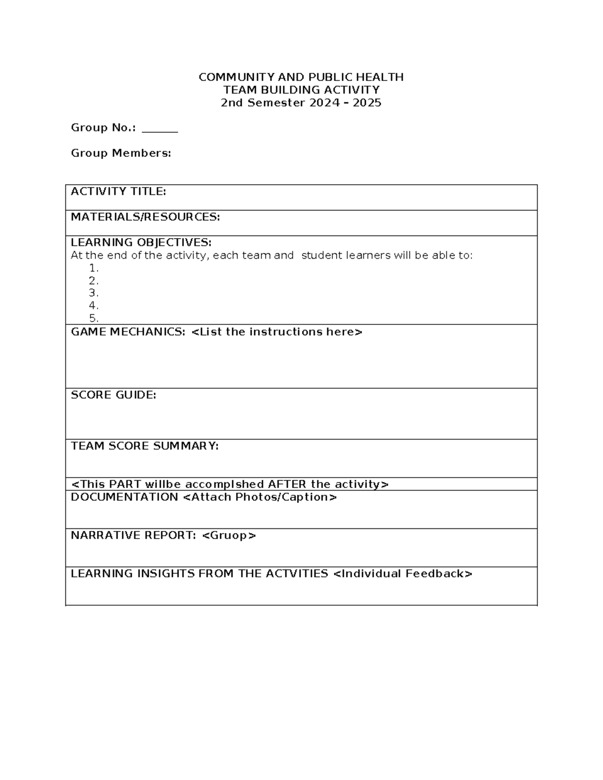 Learning Task Team-Building - COMMUNITY AND PUBLIC HEALTH TEAM BUILDING ...