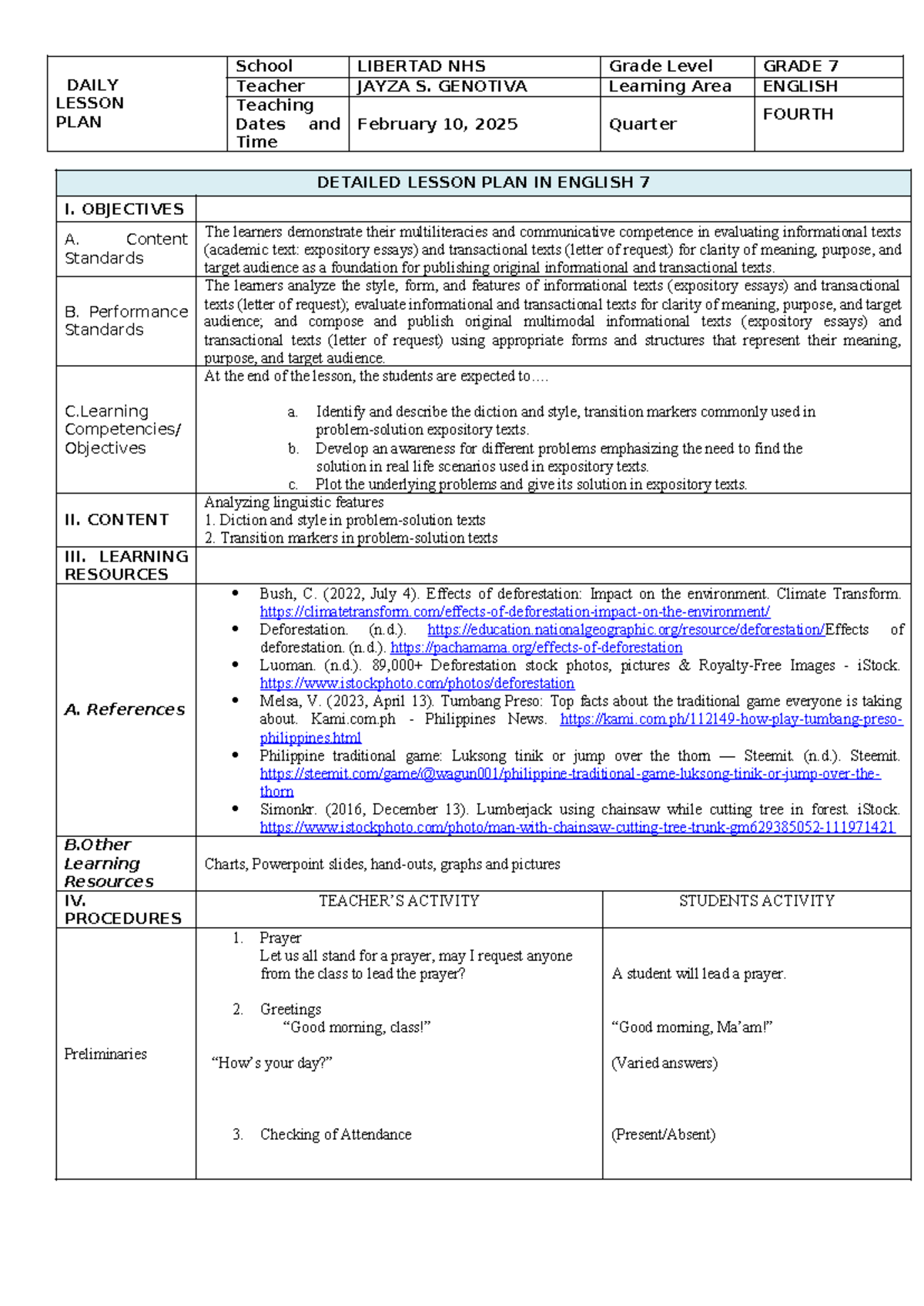 Grade 7 English Lesson Plan: Analyzing Problem-Solution Texts - Studocu