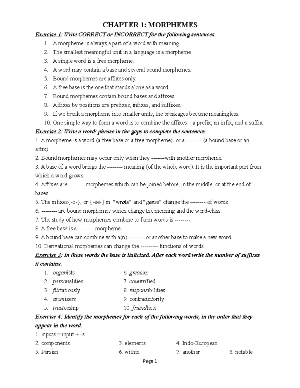 Extra Exercise 1: Morphemes Analysis and Structure - Studocu
