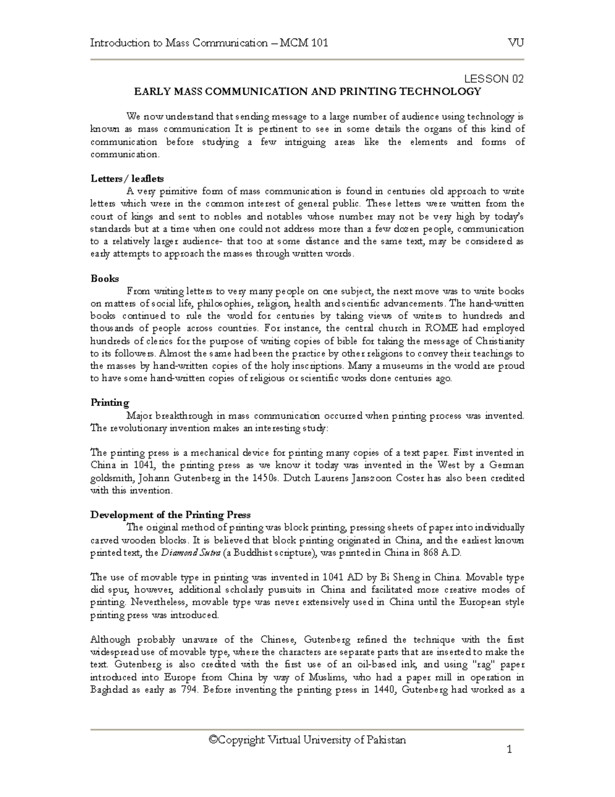 Introduction to Mass Communication MCM 101: Lesson 02 - Early Mass ...