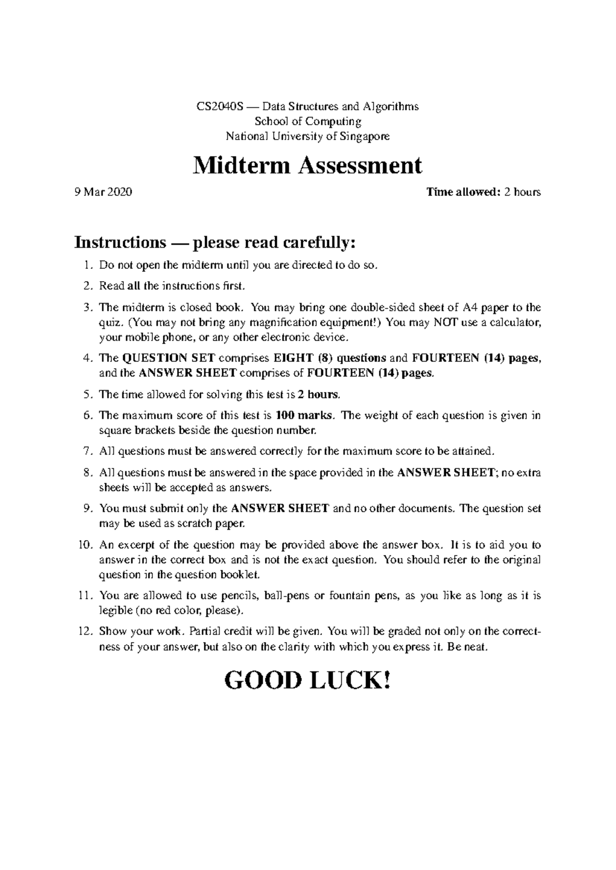 CS2040 s+2020+Midterm+solutions - CS2040S — Data Structures and ...