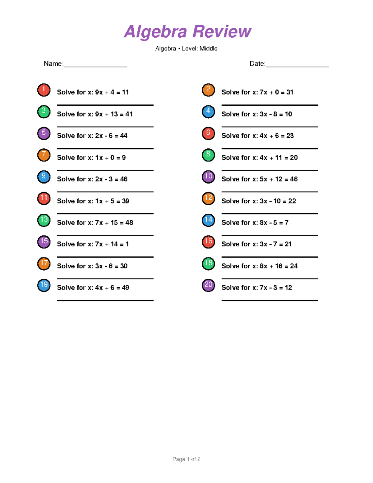 Algebra Review: Middle Level 1 Practice Problems - Studocu