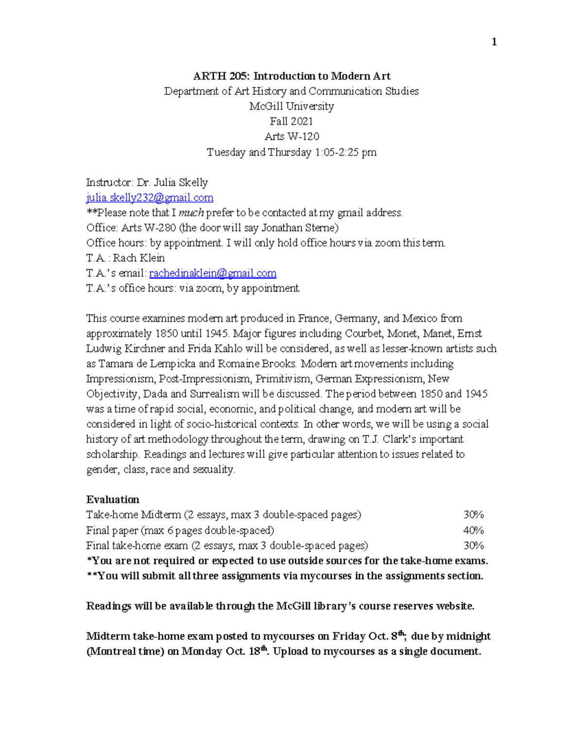 ARTH 205: Syllabus for Introduction to Modern Art, Fall 2021 - Studocu