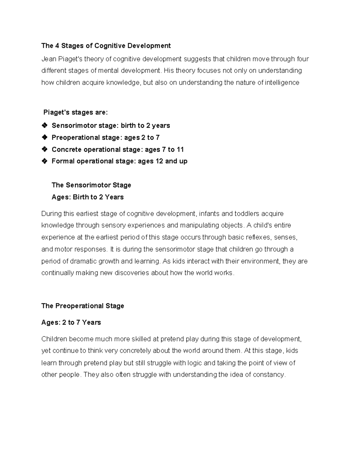 Piaget’s Stage Theory of Cognitive Development - The 4 Stages of ...