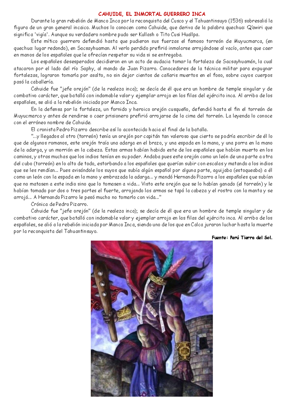Cahuide: El Guerrero Inca en la Rebelión de Manco Inca 1536 - Studocu