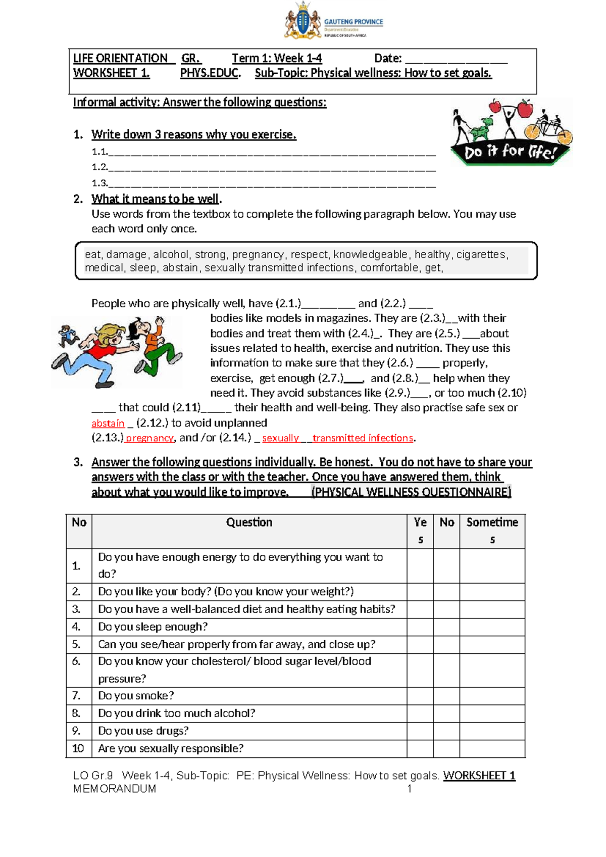 Gr. 9 LO Term 1 Week 1-4 PE Worksheet 1: Physical Wellness Goals - Studocu