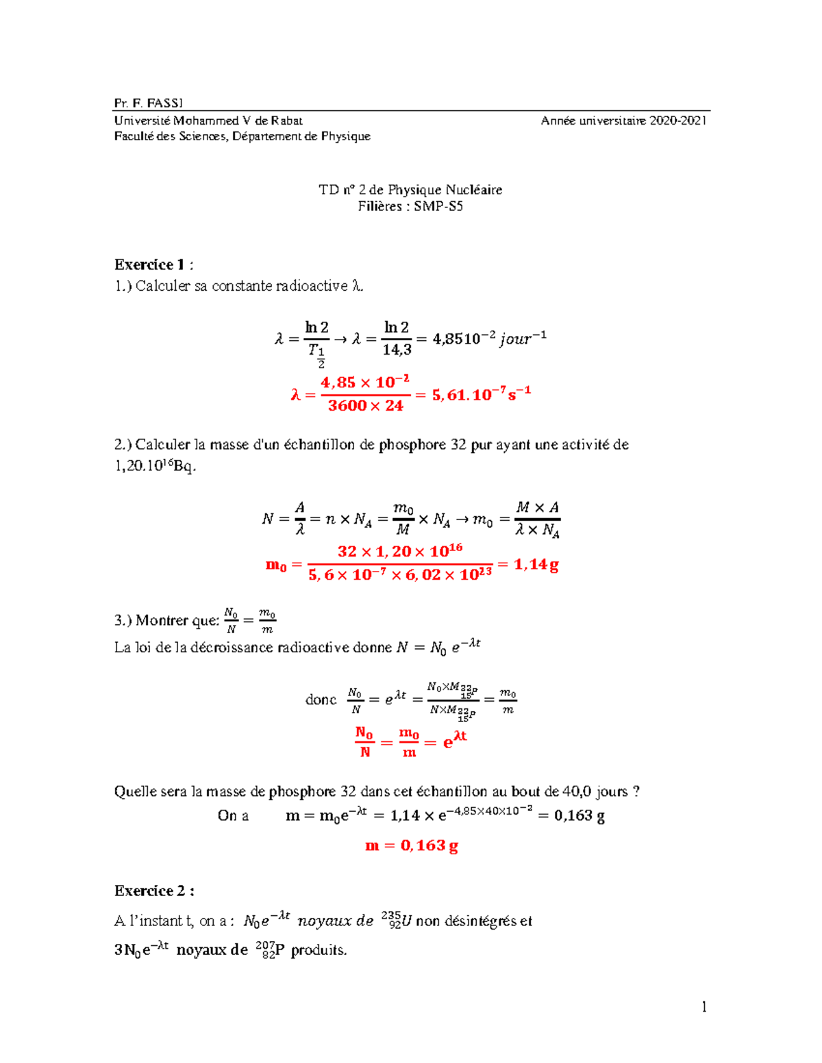 TD SMPS5 Physique Nucléaire Serie N°2 Solution - Pr. F. FASSI Université Mohammed V de Rabat ...