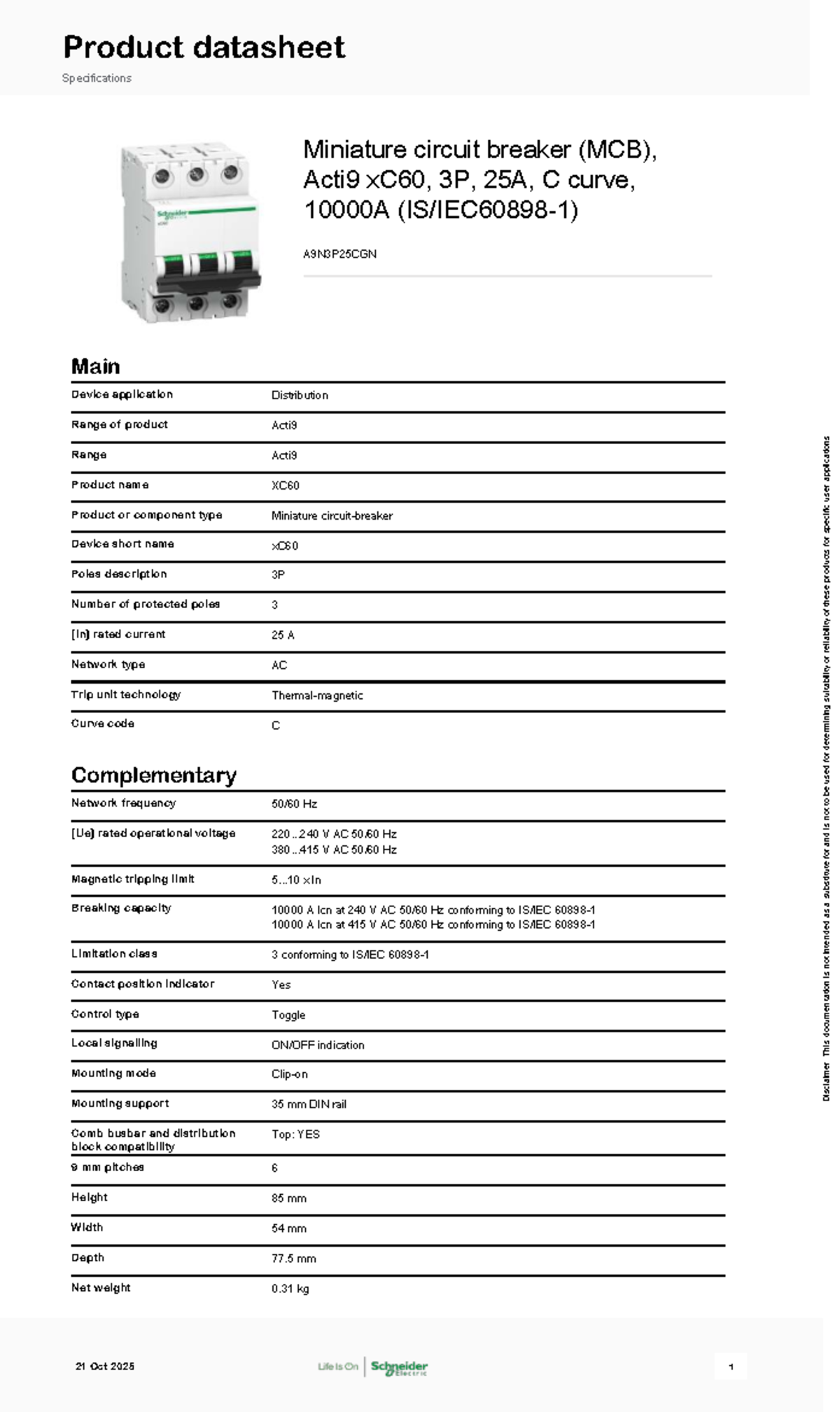 Schneider Electric Acti9 xC60 MCB Datasheet A9N3P25CGN Specifications ...
