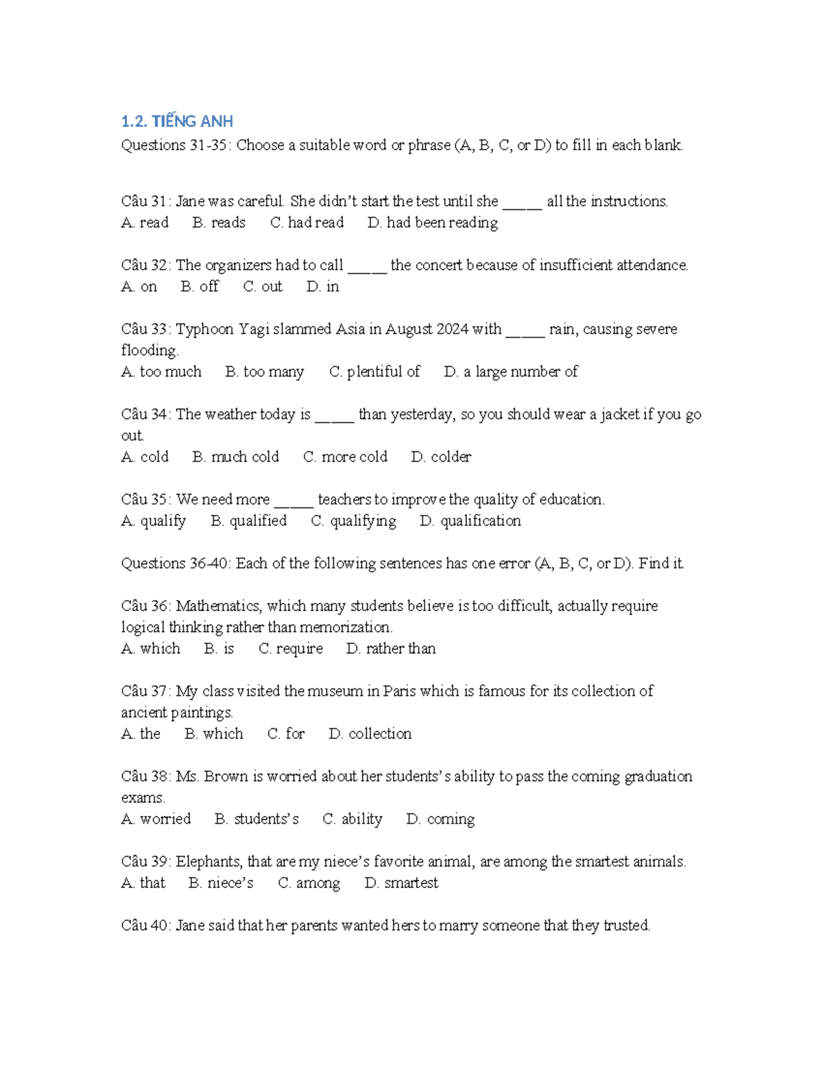 1.2. TIẾNG ANH Quiz: Fill in the Blanks and Error Identification - Studocu
