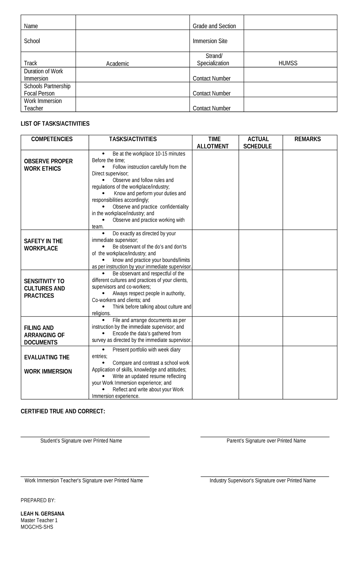 HUMSS Work Immersion Competencies and Task Guidelines - Studocu