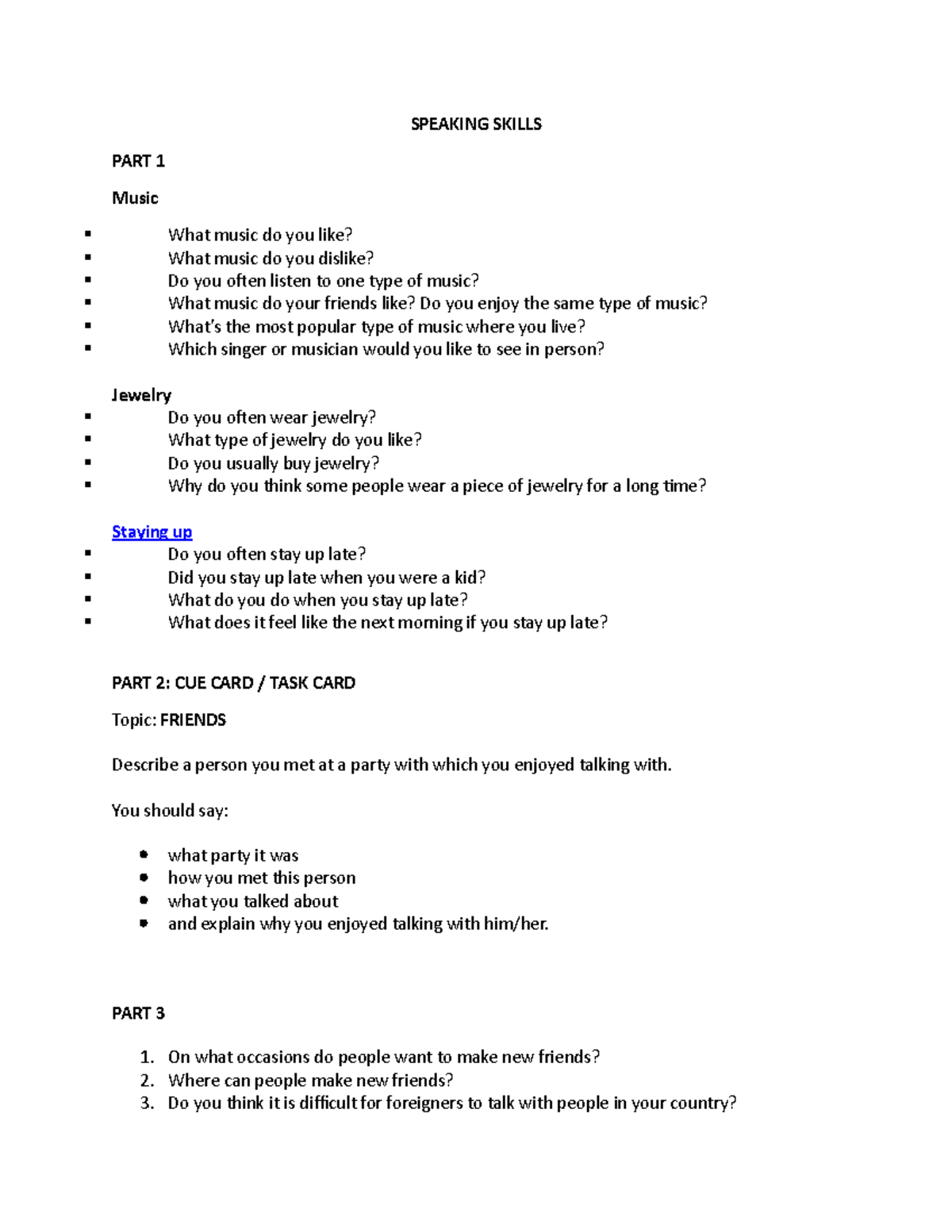 Speaking Skills - SPEAKING SKILLS PART 1 Music What music do you like ...