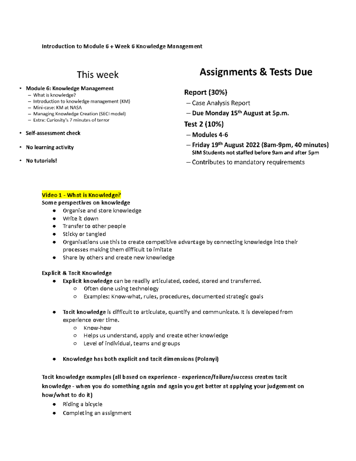Week 6 Module - Introduction to Module 6 + Week 6 Knowledge Management ...