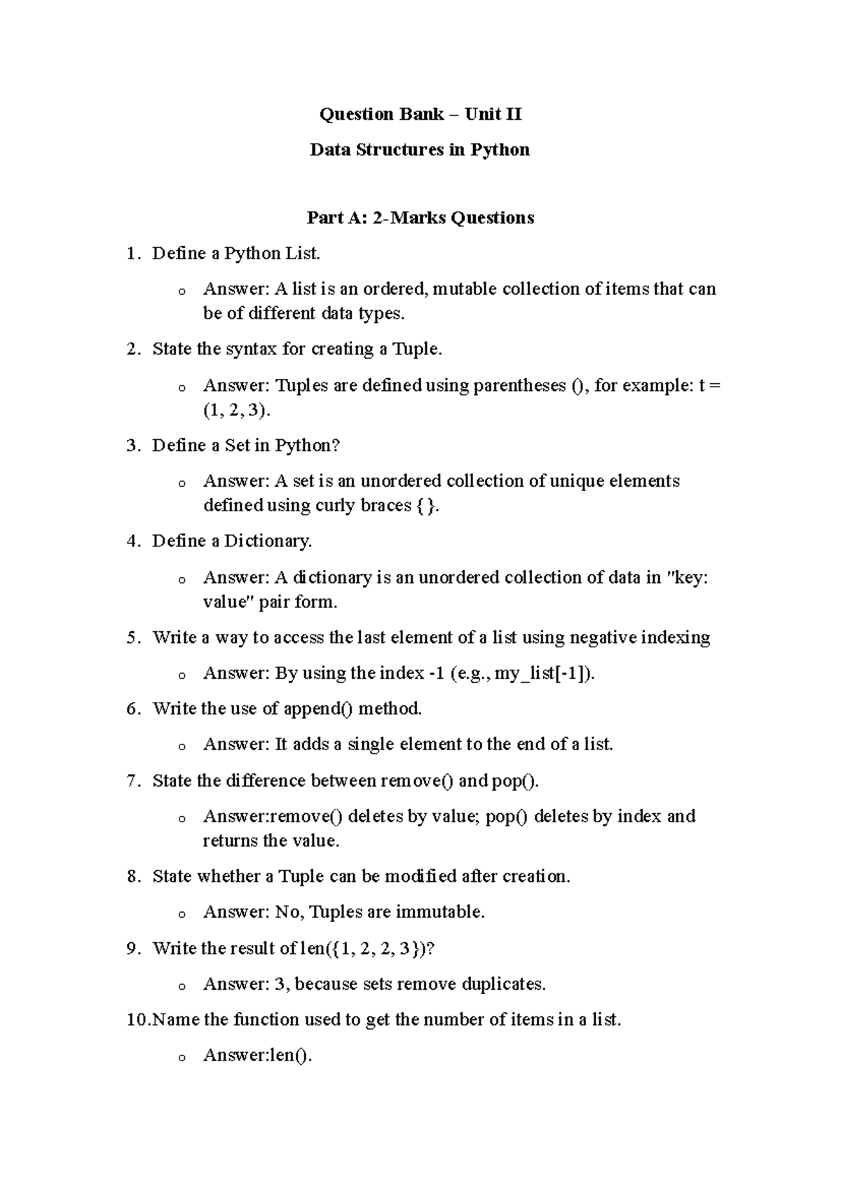 QB Unit II: Data Structures in Python - Key Questions & Answers - Studocu