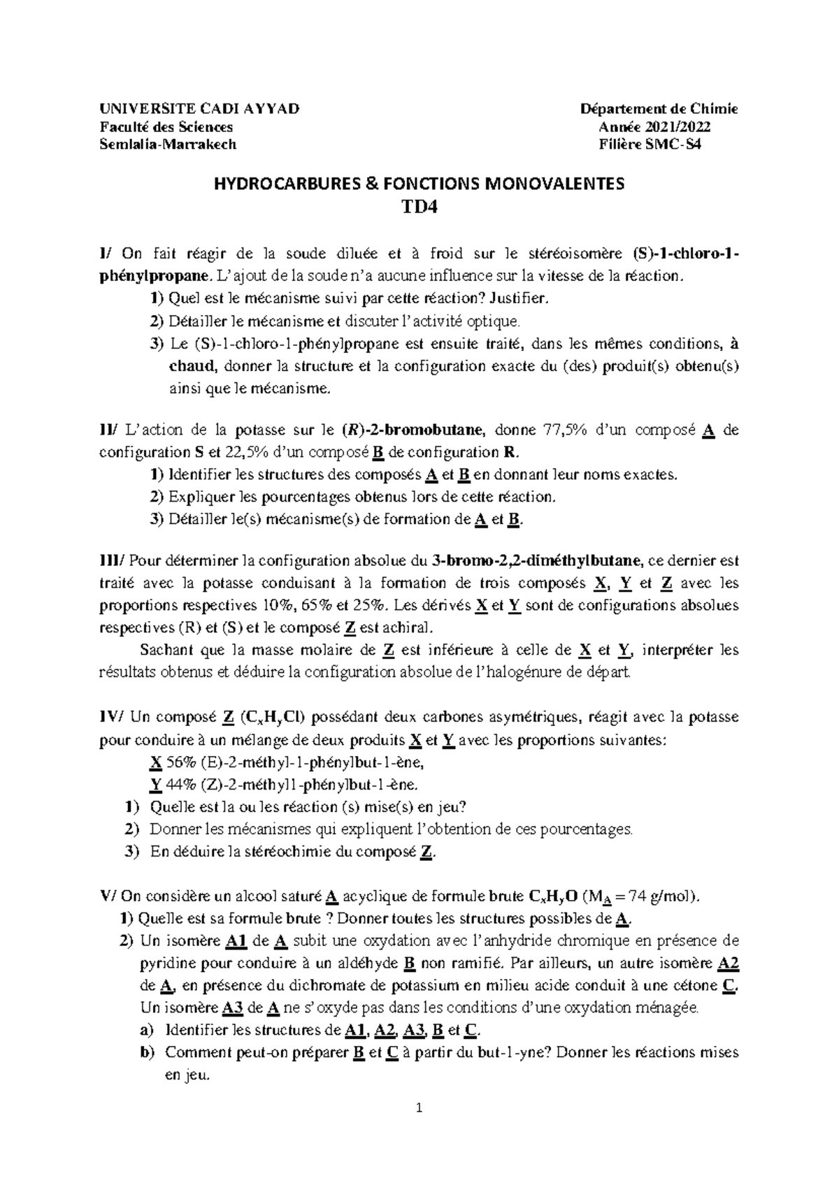 TD hydrocarbure - 1 UNIVERSITE CADI AYYAD Département de Chimie Faculté ...