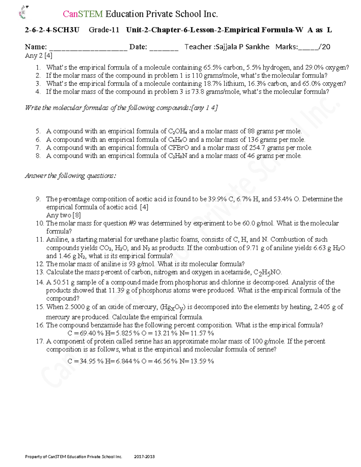 CanSTEM Education Inc. Unit 2 Chapter 6: Empirical Formulas W - Studocu