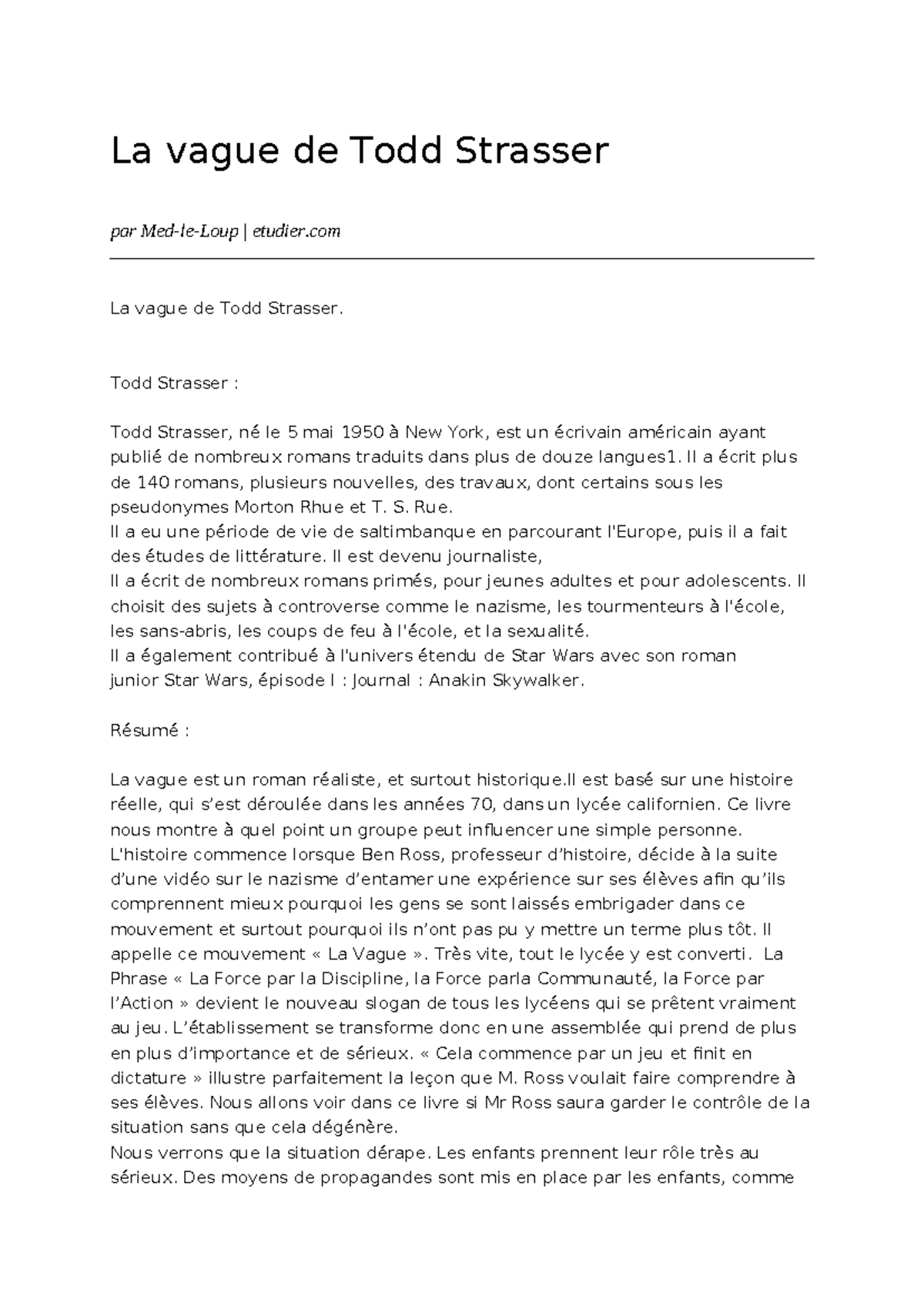 LA Vague de Todd Strasser: Résumé et Analyse du Roman - Studocu