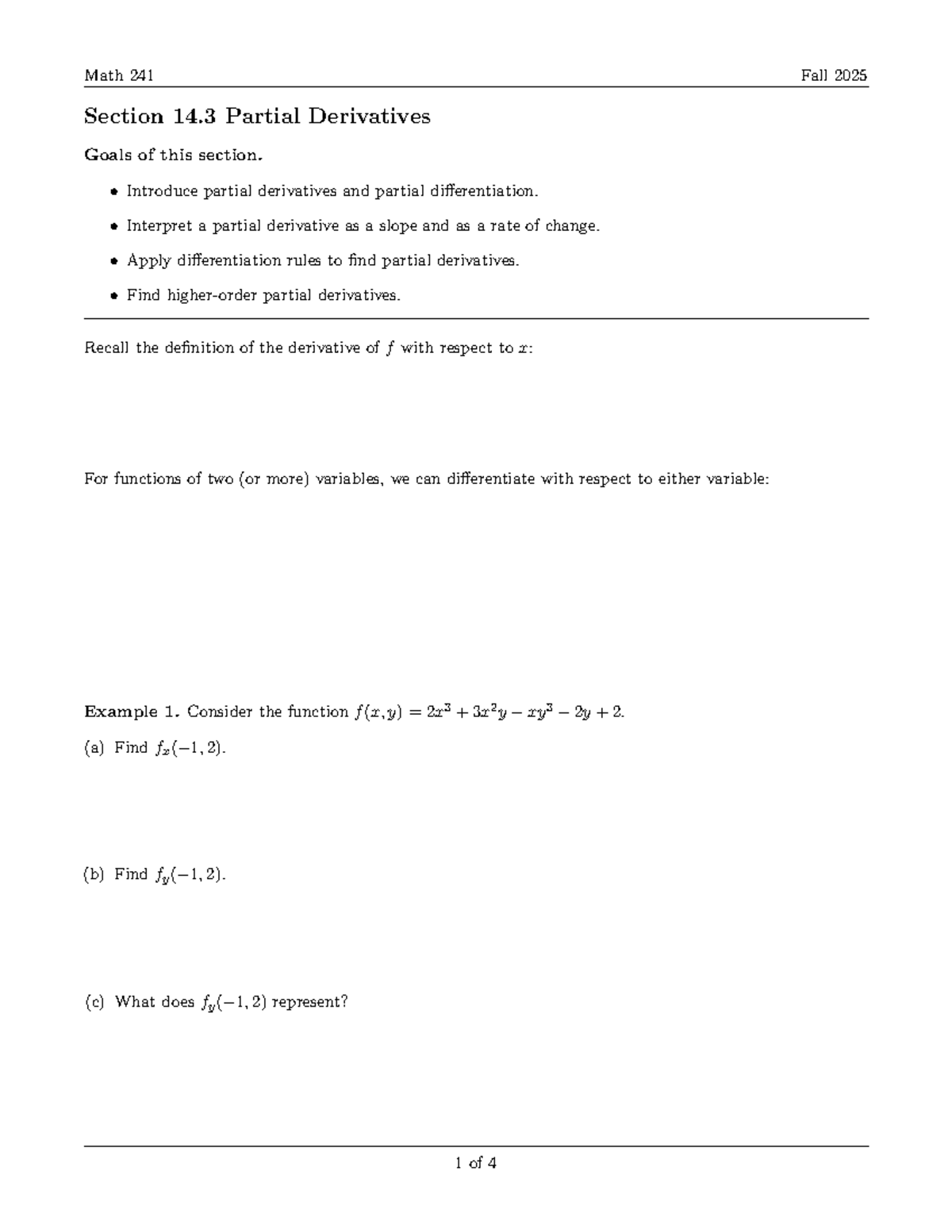 Math 241: Partial Derivatives - Section 14.3 - Studocu