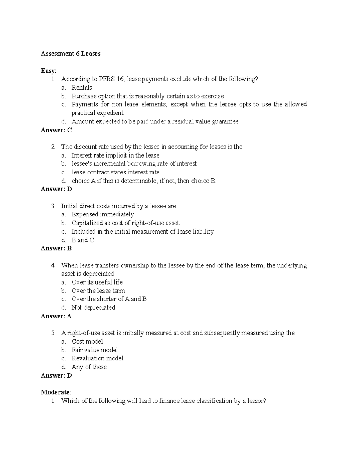 Assessment 6: Leases (Easy, Moderate, Difficult Questions) - Studocu