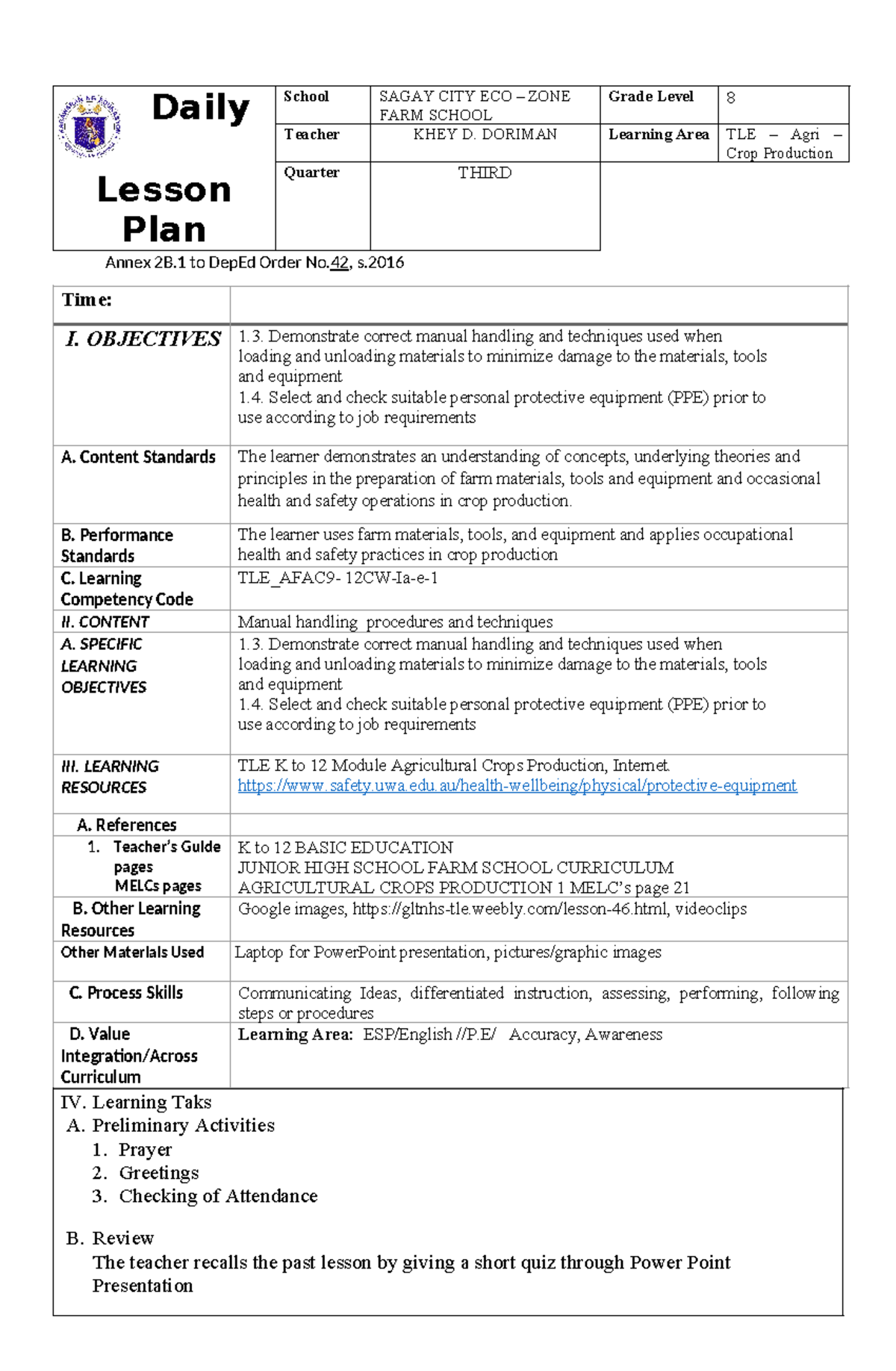 Grade 8 TLE Lesson Plan: Correct Manual Handling Techniques - Studocu