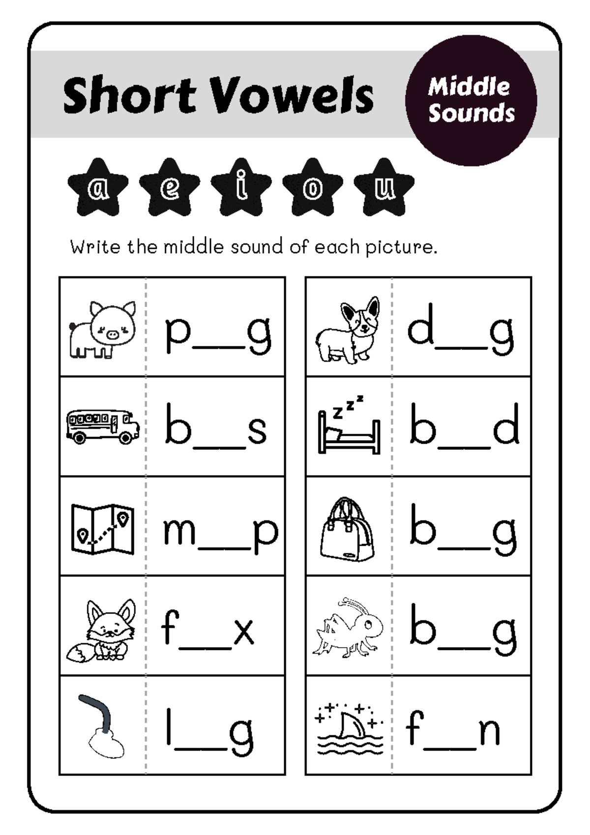 English Short Vowels Middle Sounds Worksheet Black and White Lined ...