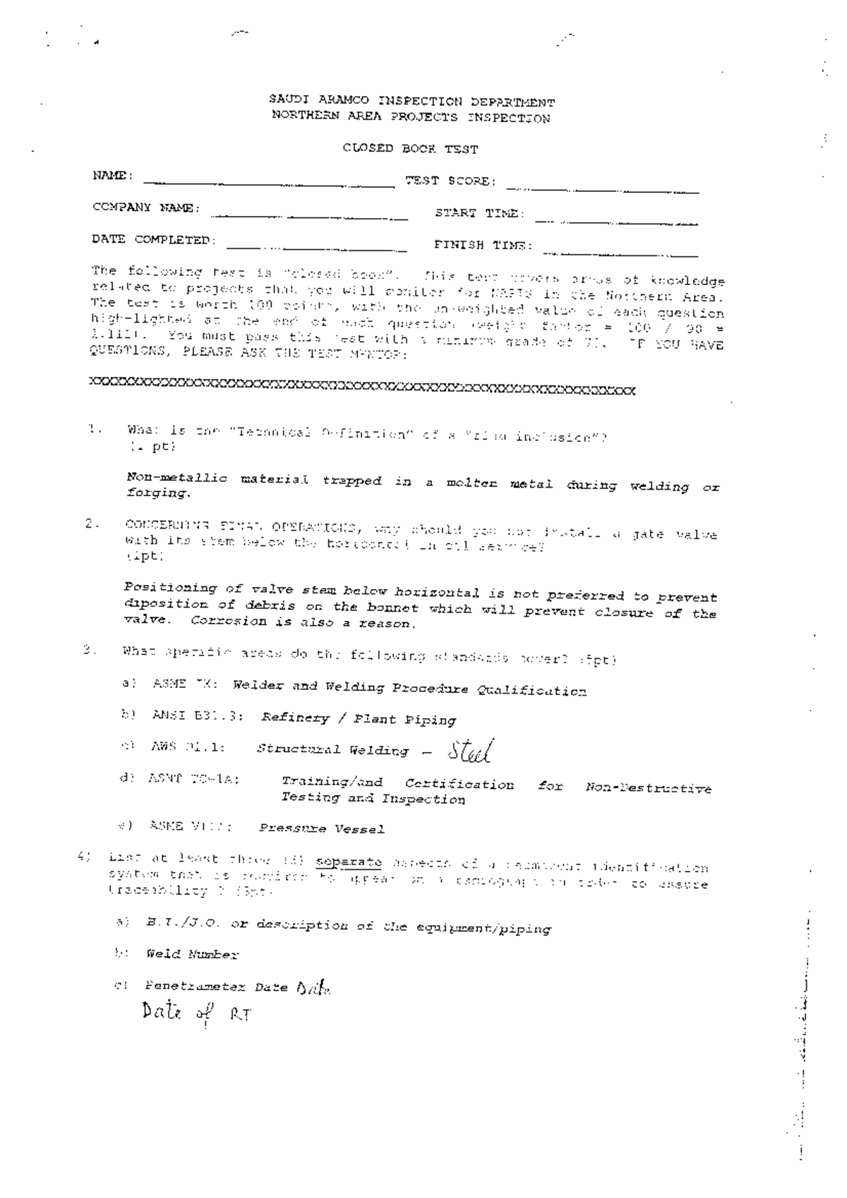 SAUDI ARAMCO NAPIS Northern Area Projects Inspection Closed Book Test ...