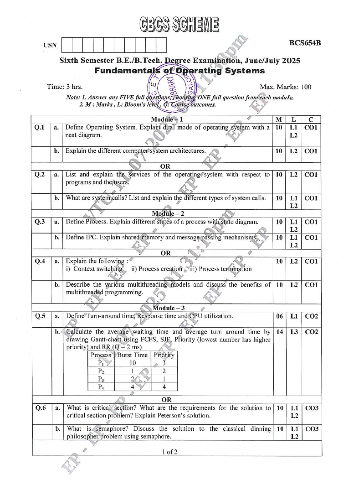 BCS654B Sixth Semester Exam 2025: Fundamentals of Operating Systems ...