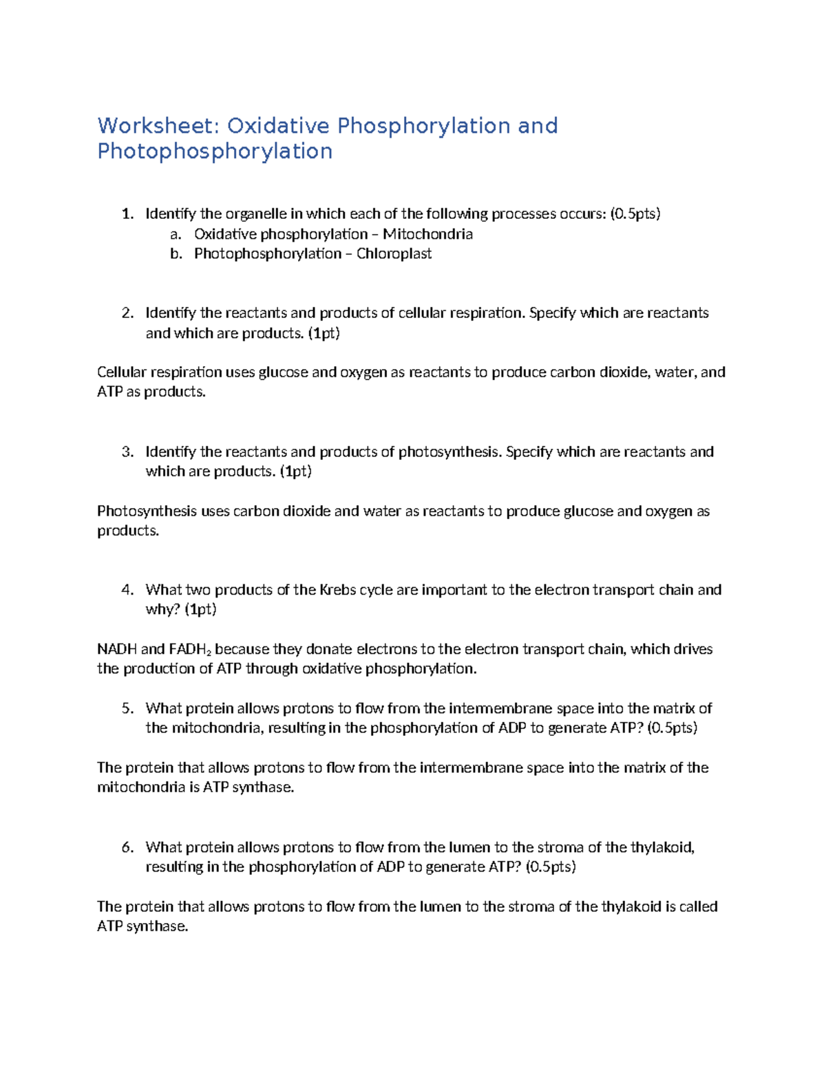 Worksheet: Oxidative Phosphorylation & Photophosphorylation Study Guide ...