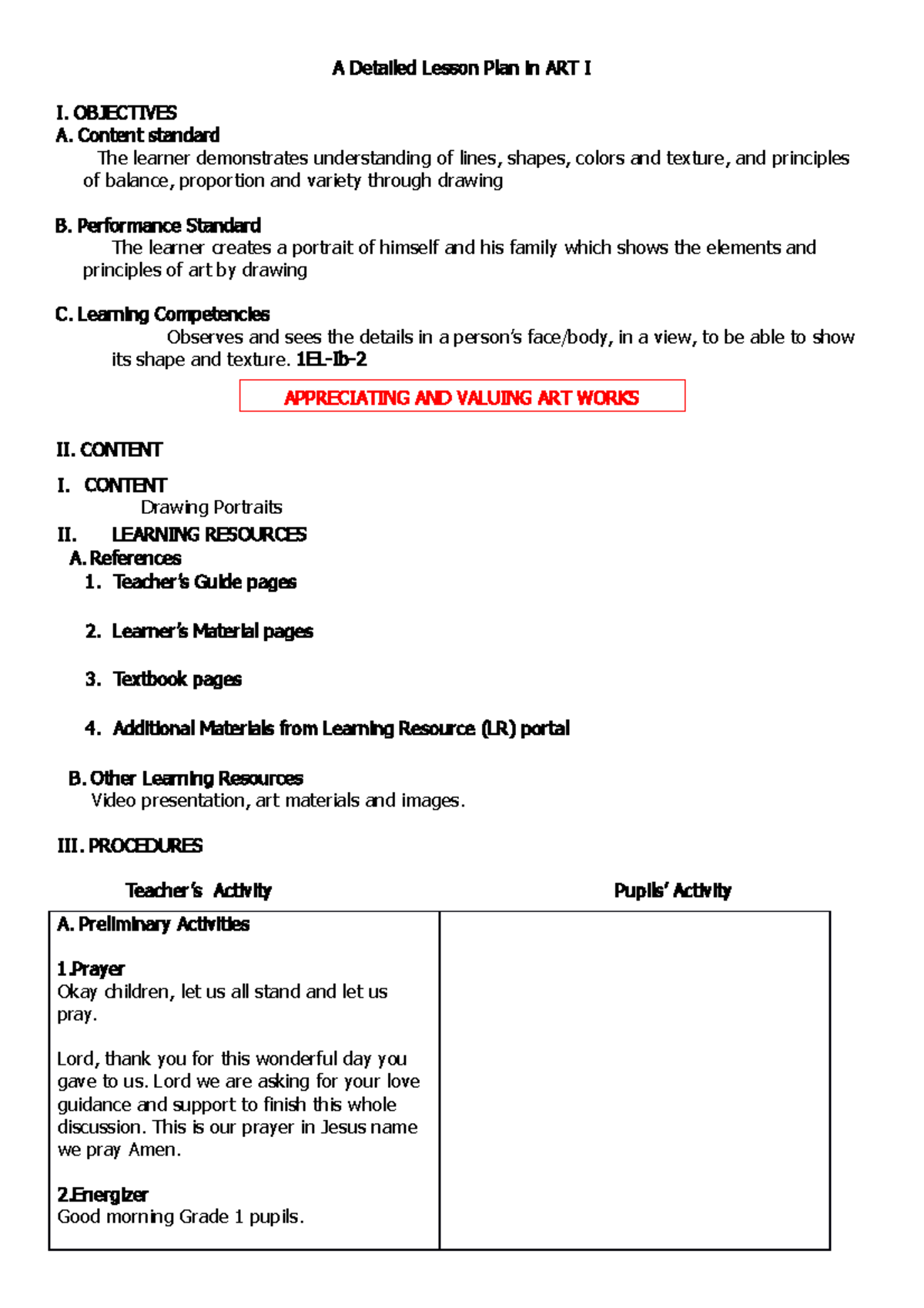 ART1 DLP - Detailed Lesson Plan for Portrait Drawing - Studocu