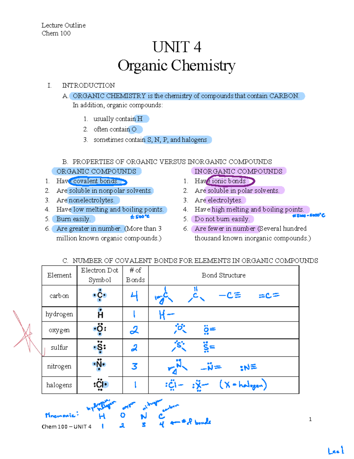 Chem 100 UNIT 4: Organic Chemistry Concepts and Reactions Overview ...