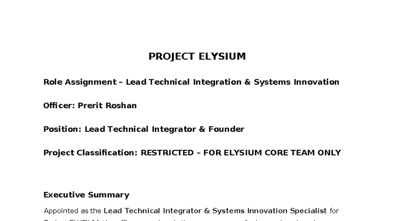 Project ELYSIUM Role Assignment: Lead Technical Integrator Overview ...