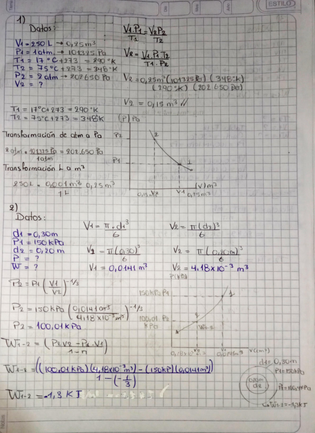 Cuesta.termo - notas - Dia Aro ESTILO 1) Datos V1 250L 0,25m3 T1 T2 P1 ...
