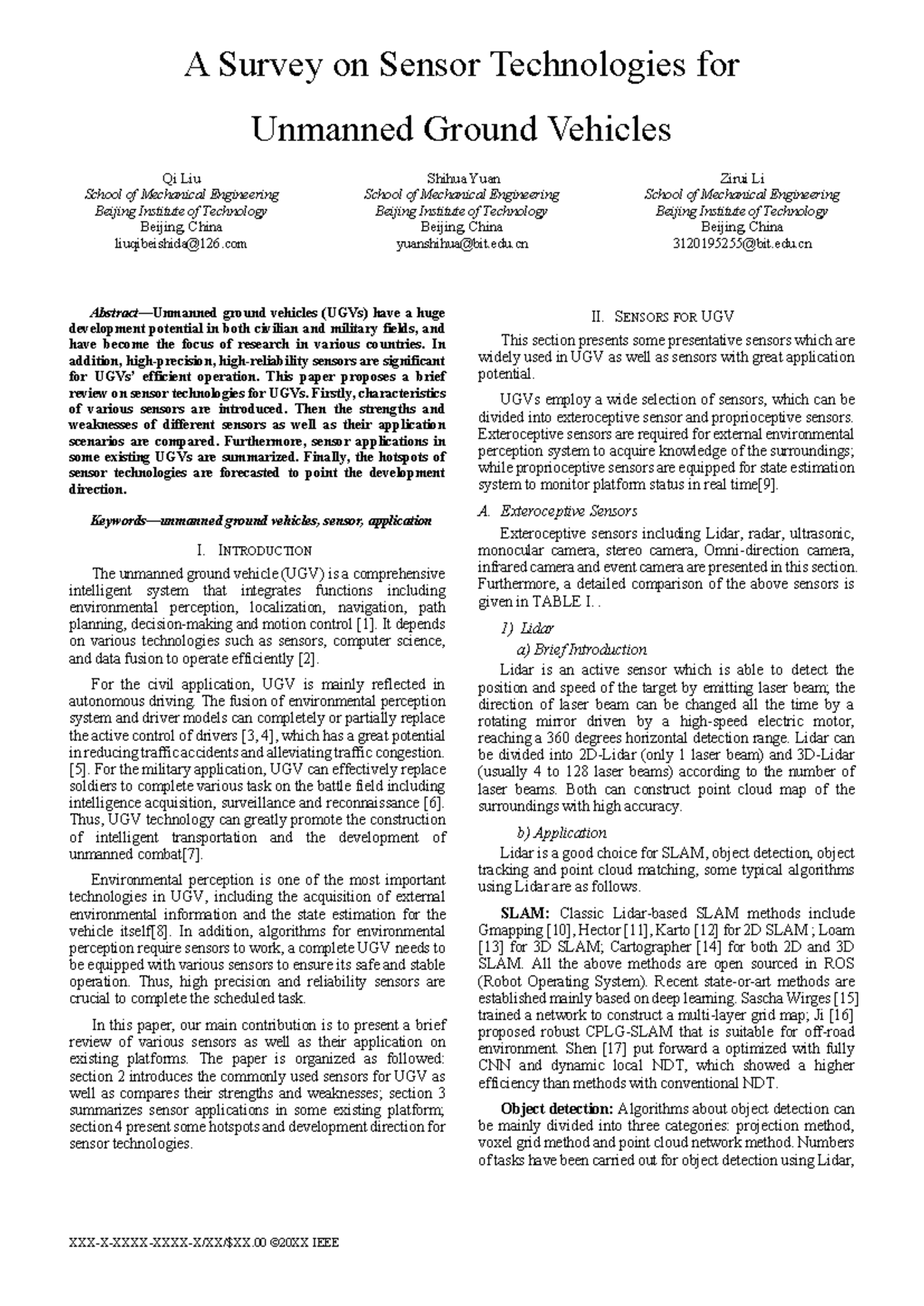 A Survey on Sensor Technologies for UGVs (ME 2007) - Studocu