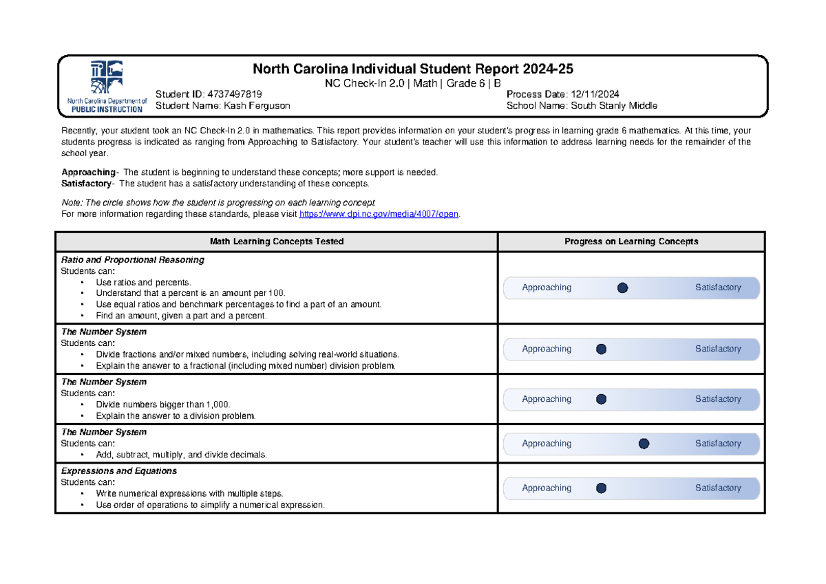 North Carolina 2.0 math grade 6 individual student report - Studocu
