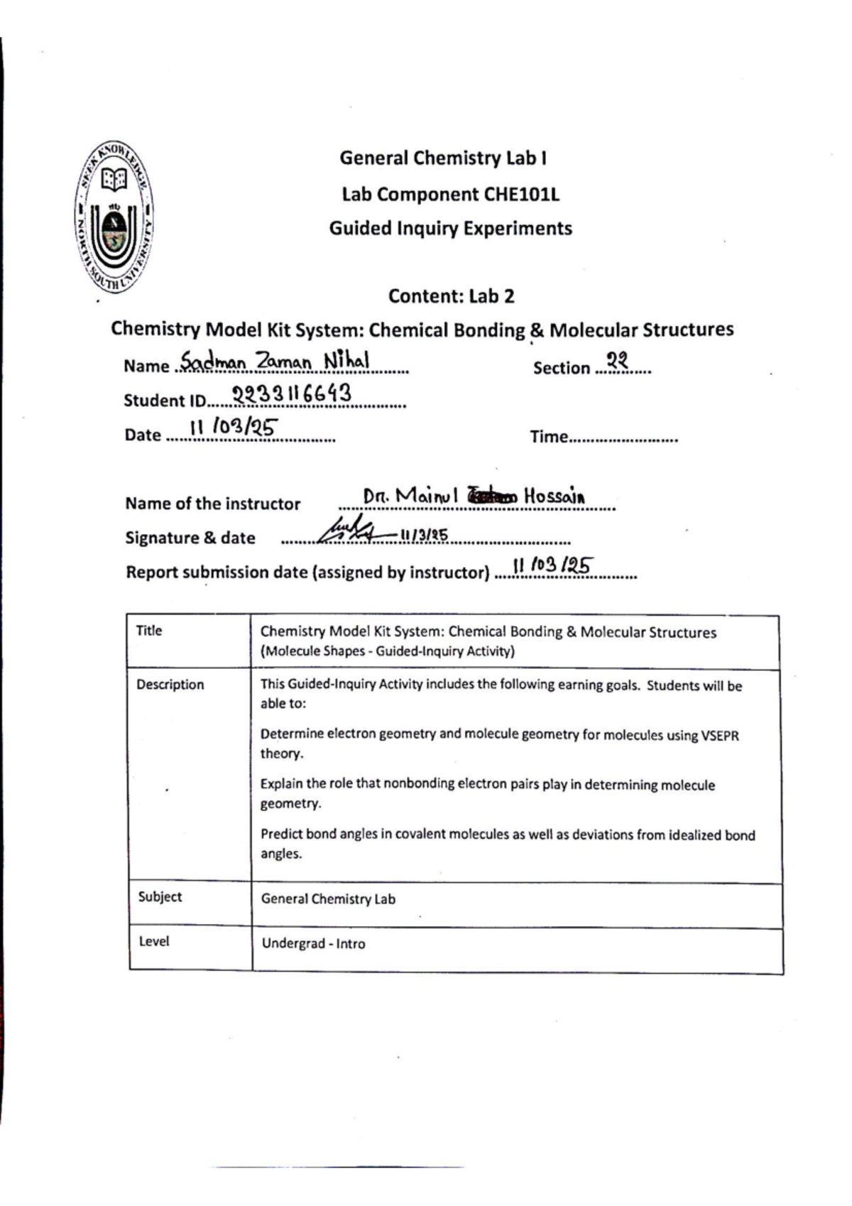 CHE101L Lab Report 2: Chemical Bonding & Molecular Structures - Studocu