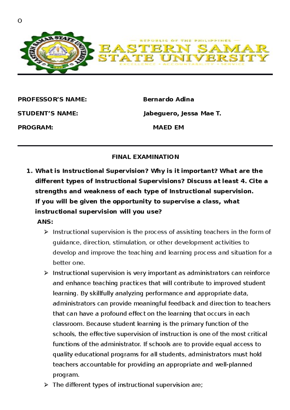 Final Exam in Supervision (MAED EM): Instructional Techniques ...