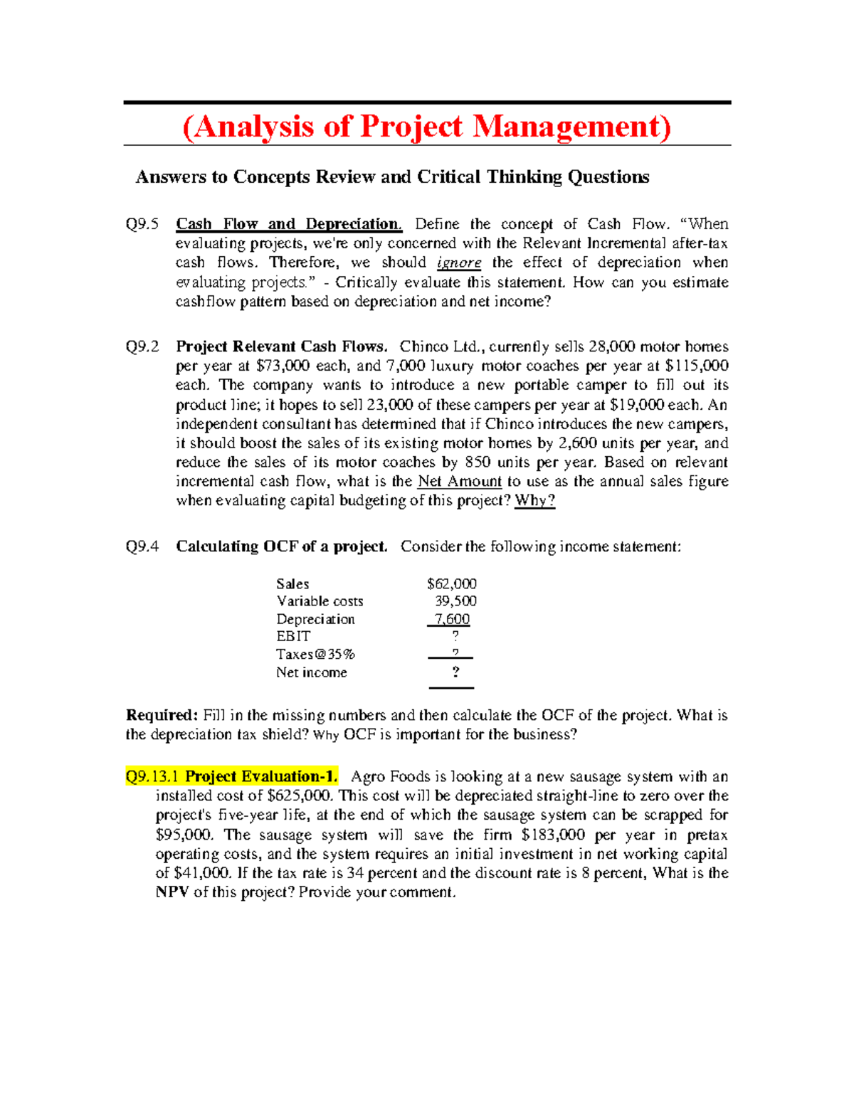 1. CORP. FIN Class Exercise (Project Management) - (Analysis of Project ...