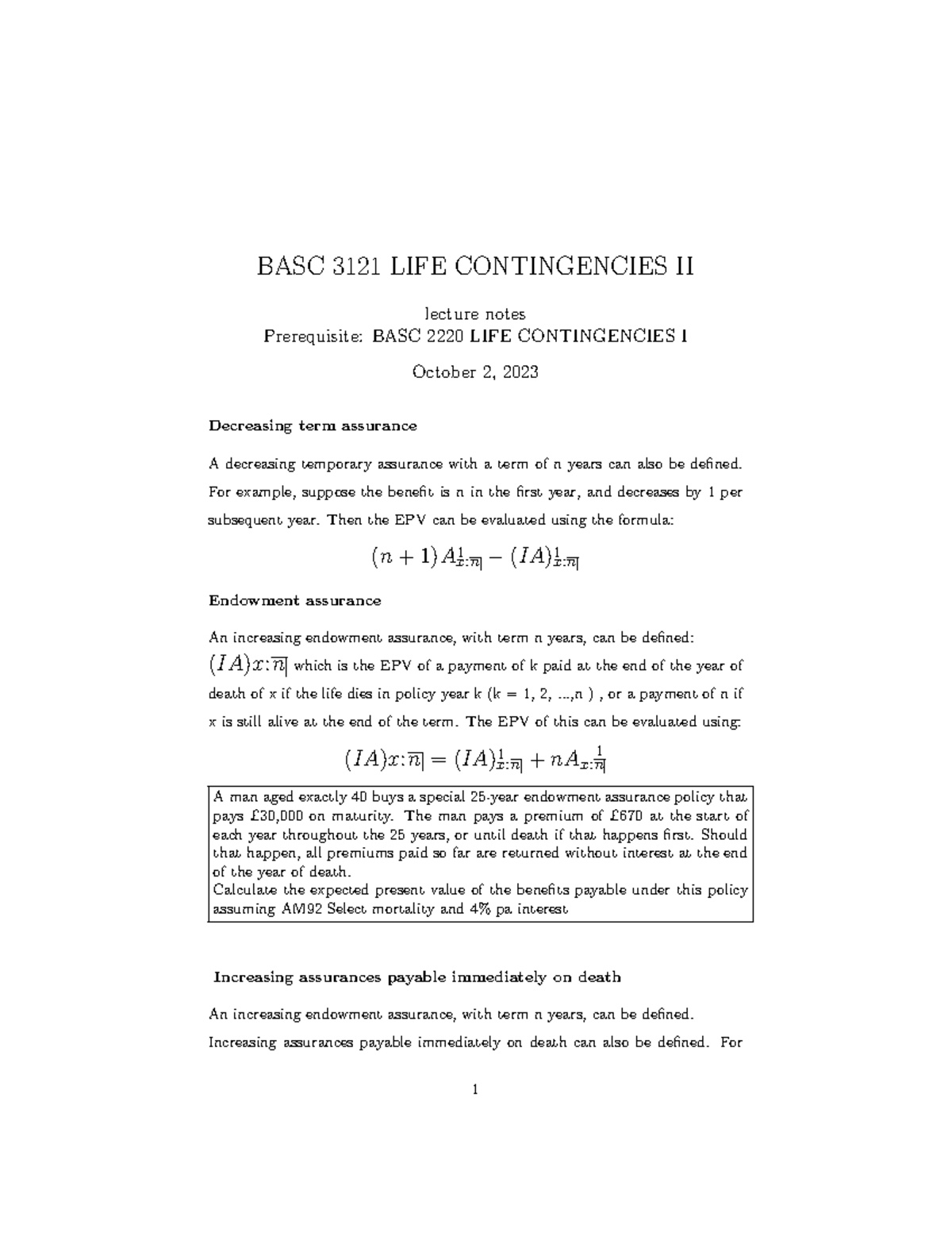 BASC 3121 LIFE Contingencies II Lecture Notes: Key Concepts & Formulas ...