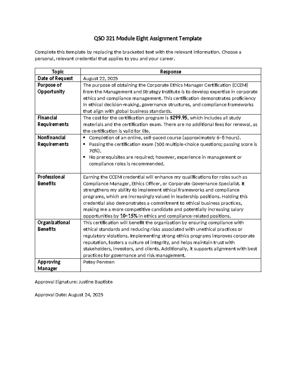 QSO 321 Module 8 Assignment: Corporate Ethics Manager Certification ...