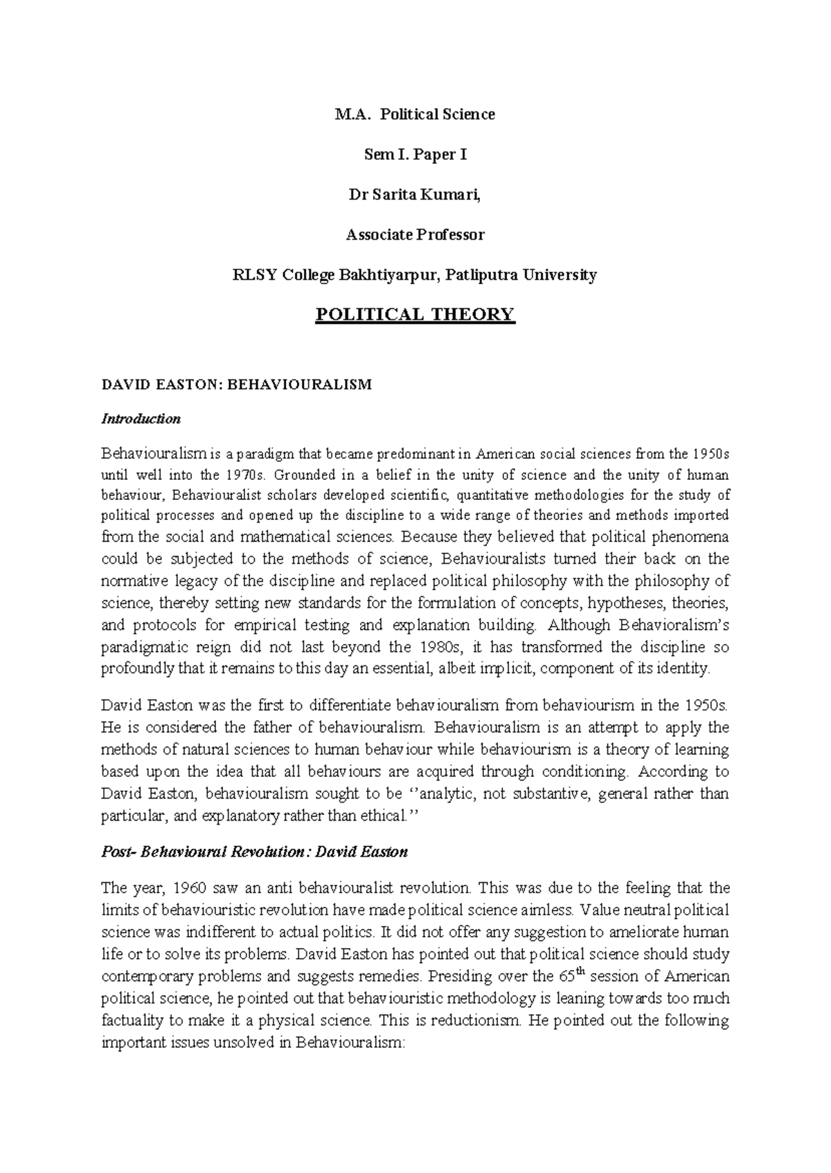 M.A. Political Science Sem I: David Easton and Behaviouralism Analysis ...